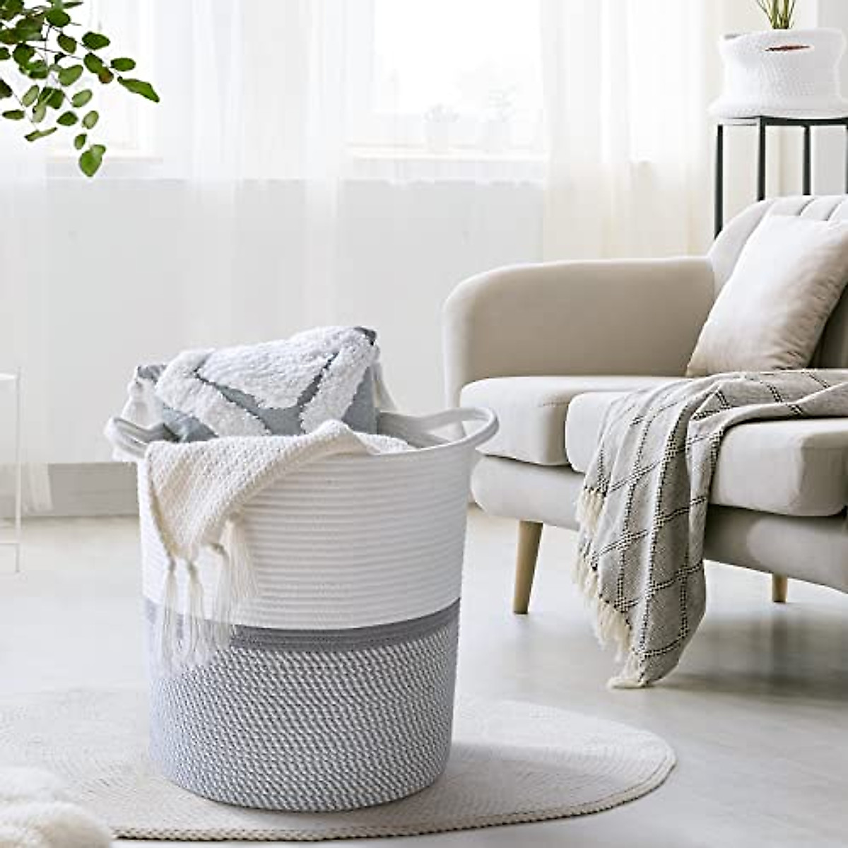 INDRESSME Large Cotton Rope Basket 14.2'' x 13.4'' x 16.2'' Baby Laundry Toy Basket Storage Kids Tall Woven Basket Blanket Nursery Hamper Bin