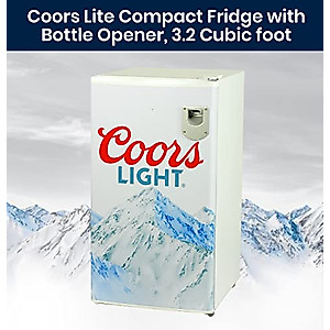 Coors Light Rocky Mountain 3.2 cu ft (90L) refrigerator Compact Fridge Bottle Opener White Space Saving Flat Back Design Reversible Door Adjustable Temperature Control Tempered Glass Shelves Office RV