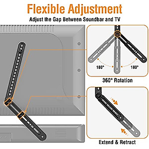 ELIVED Soundbar Mount Bracket Mounting Above or Under TV Tool-Free Knob Adjustable with Detachable Extension Arms, Universal TV Mounting Hardware Kit Includes M4 M5 M6 M8 Screws