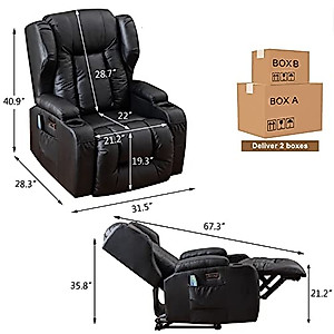 VUYUYU Power Recliner Chair with Heat and Massage, Faux Leather Recliner Sofa Chairs for Living Room Home Theater Seating with LED Lights/Cup Holders/Side Pocket/USB Port/Infinite Position (Black)