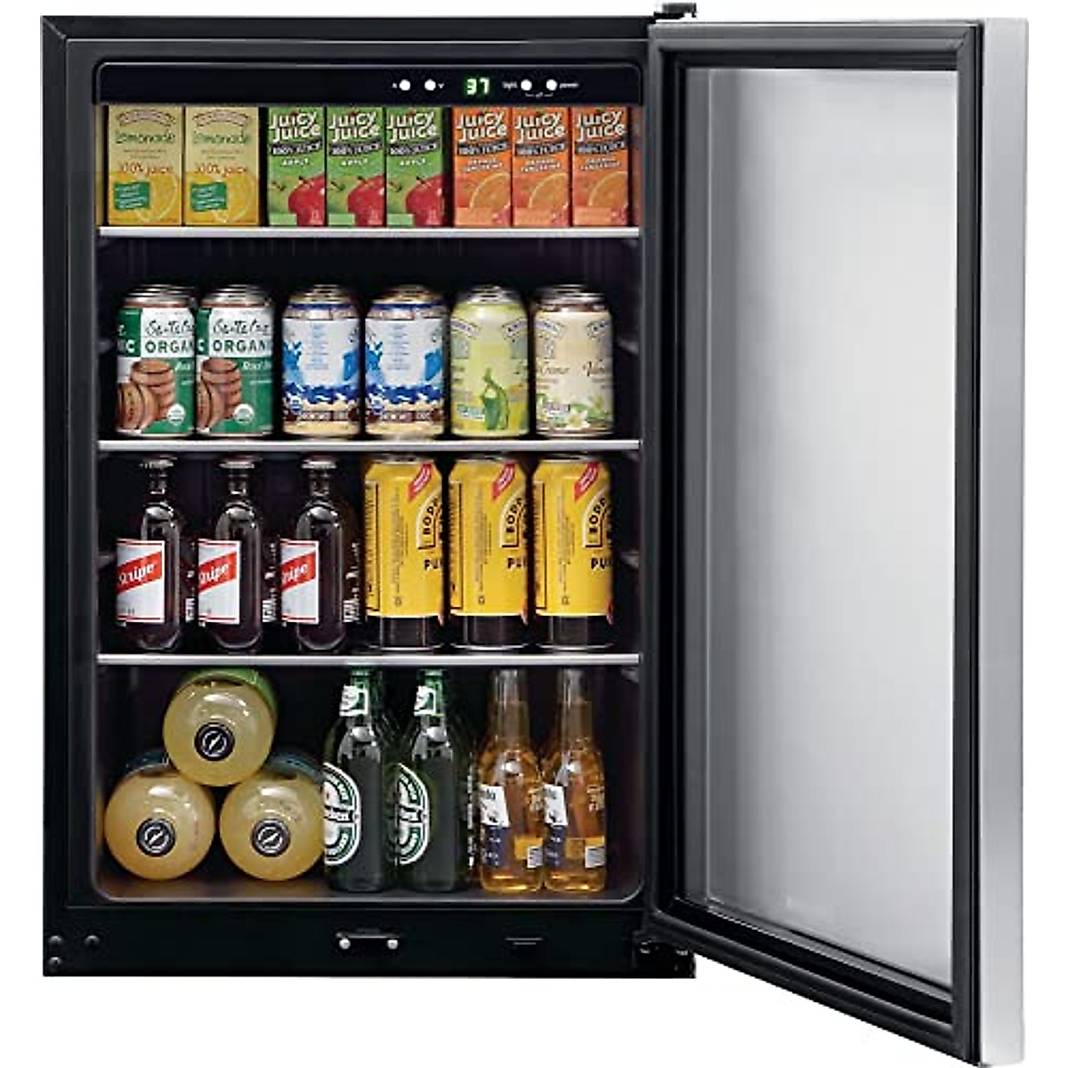 Frigidaire FRYB4623AS Beverage Center holds up to 138 12 oz. cans, Contemporary Handle Design, Electronic Temperature Control with LED Digital Display, Reversible Door Swing Option, in Silver