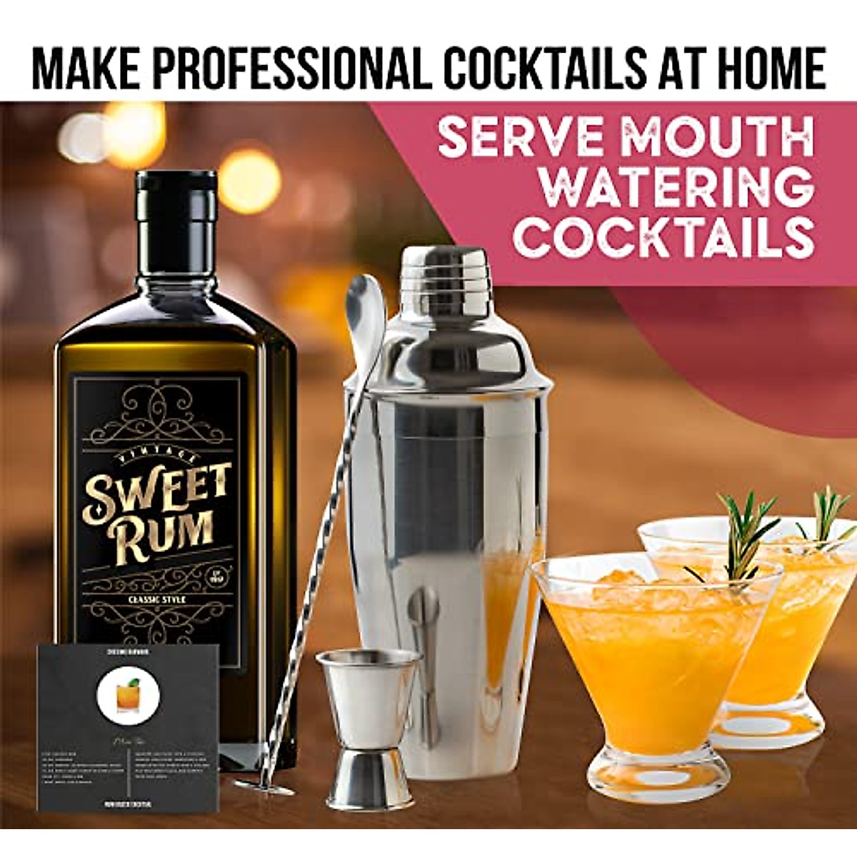 24oz Cocktail Shaker Set Bartender Kit with 2 Stemless Martini Glasses - The Perfect Mixology Home Bar Set Gift - Large Drink Mixer and Bar Accessories: Jigger, Bar Spoon and Martini Glasses - Cresimo