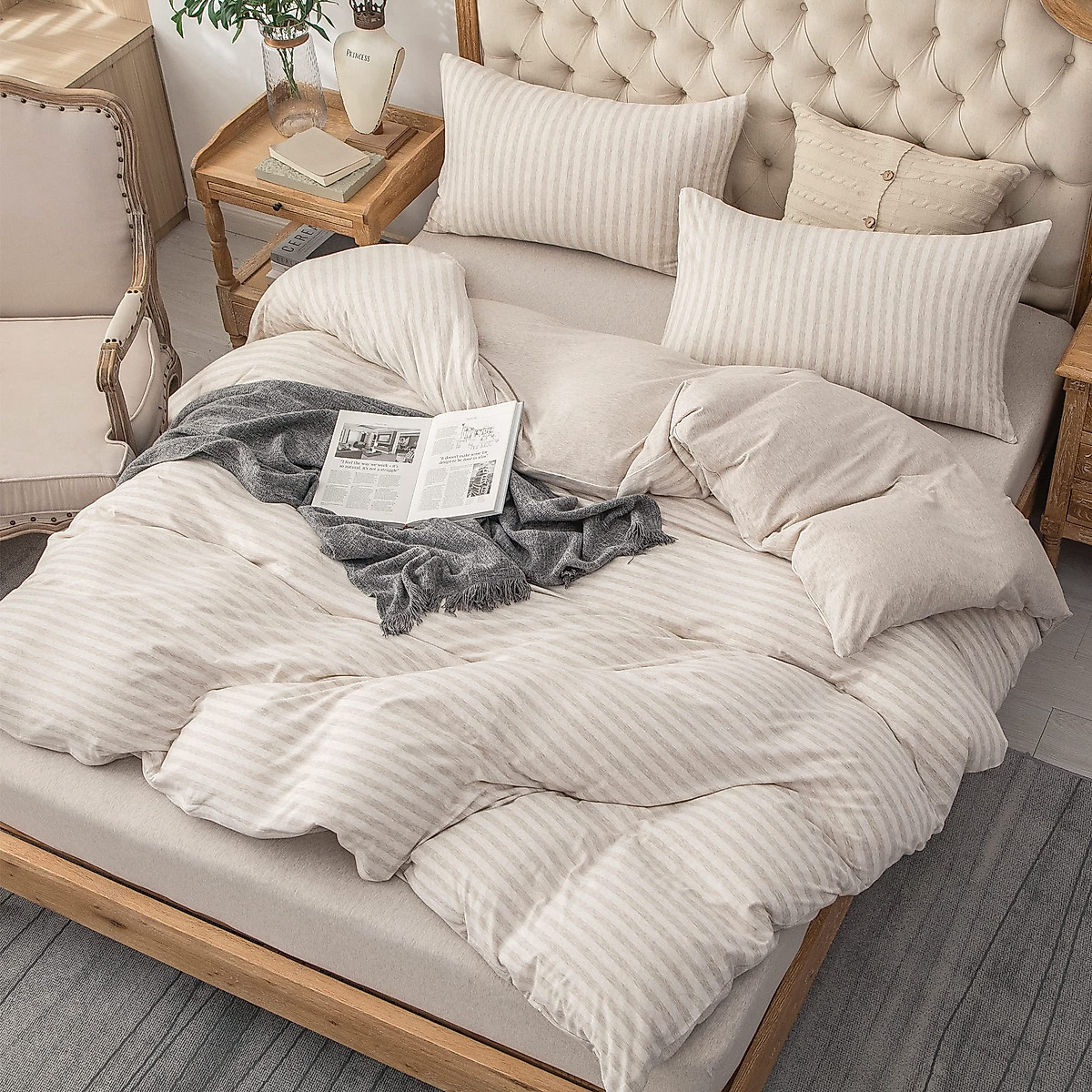 PURE ERA Jersey Knit Duvet Cover Set 100% T-Shirt Heather Cotton Super Soft Comfy Classic Striped Design, with Zipper Closure, Heather Beige Stripe, King