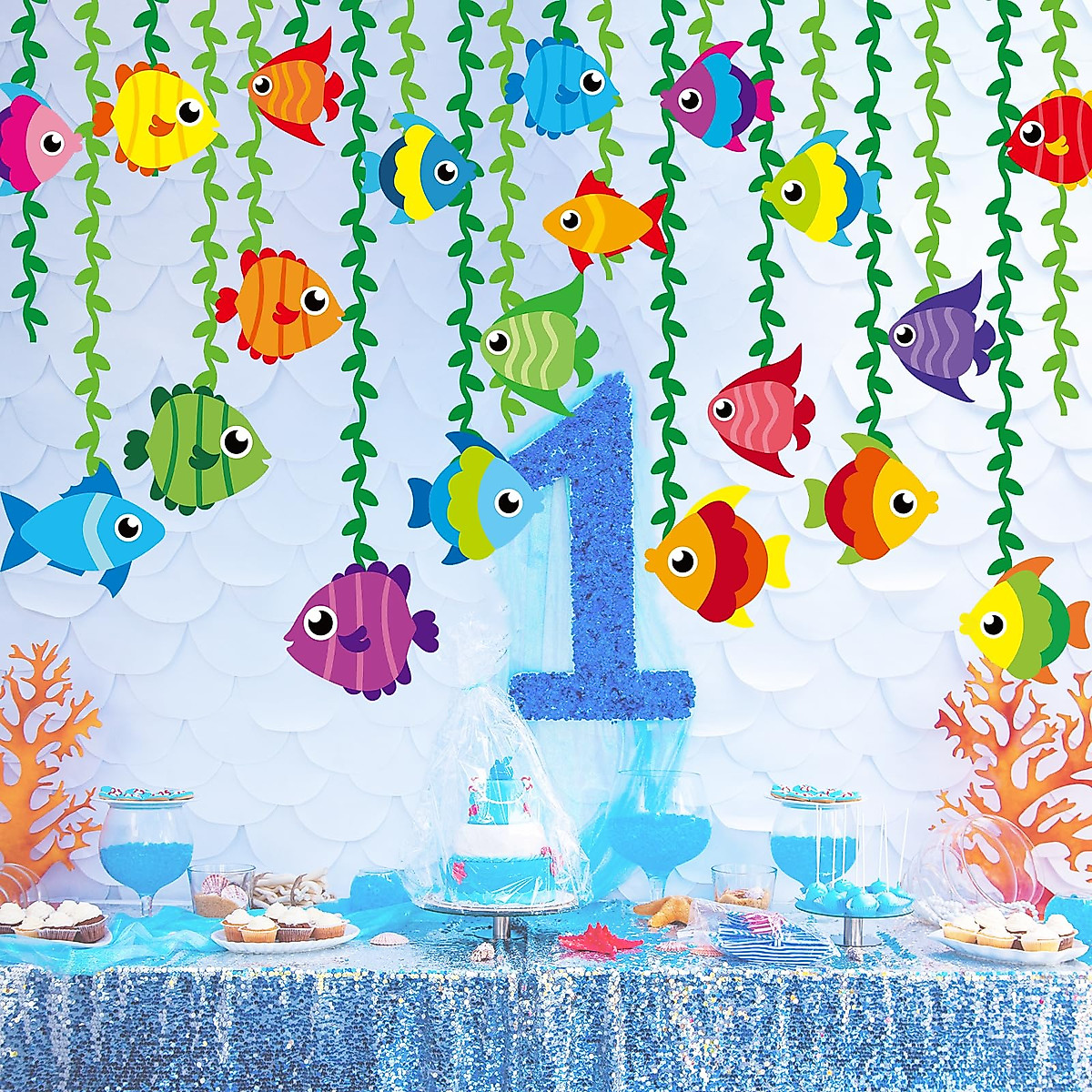 Naozinebi 20 Pcs Tropical Fish Garland Kit Under the Sea Party Decorations Ocean Animals Banner Mermaid Streamers Strings Hanging Swirls for Kids Home Classroom Baby Shower Birthday Party Supply Favor