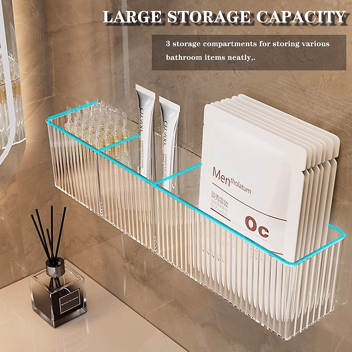 2 Pack Bathroom Makeup Organizer Wall Mount Clear Bathroom Organizers and Storage with 3 Compartments Plastic Storage Organizer Bins Floating Shelves for Wall, Narrow Space, Office, Bedroom 14''Length