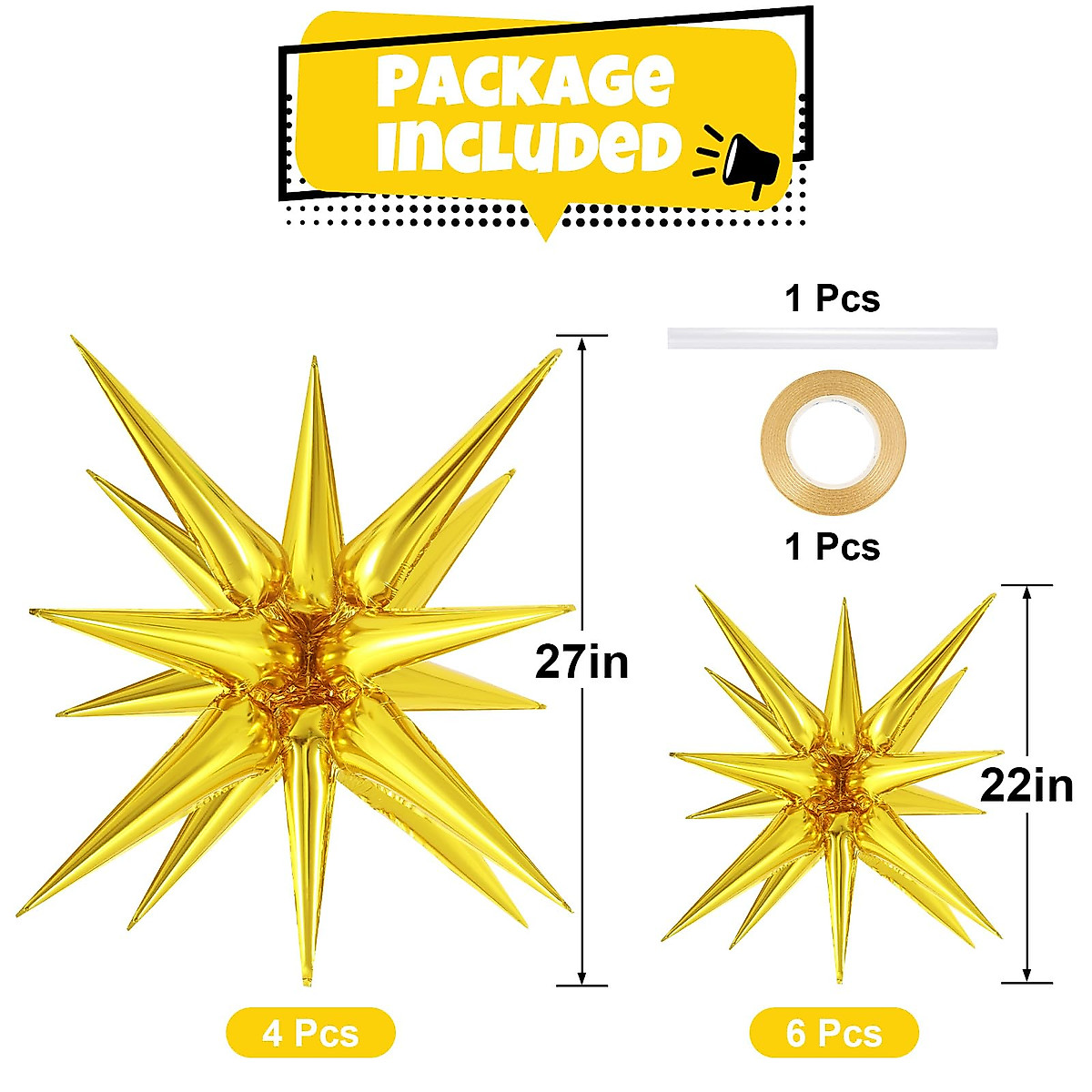 10 Pcs Star Balloons - Explosion Starburst Foil Cone Magic for Birthday, Wedding, Anniversary Party Backdrops Decorations Supplies, 6 Pcs 22Inches & 4 Pcs 27Inches (Gold)