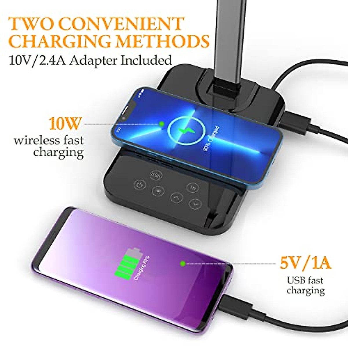 Becament LED Desk Lamp with Wireless Charger, USB Charging Port, 5 Color Modes with 5 Brightness Levels, Dimmable Home Office Lamp, Touch Control, 30/60 Min Timer, Eye-Caring Reading Table Lamp, Black