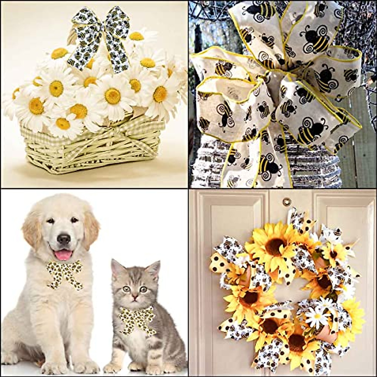 10 Yards Bee Wired Edge Ribbon Bumble Bee Burlap Ribbon Polyester Fabric Summer Bee Decorative Ribbons for Gift Wrapping DIY Craft Party Decoration Hair Bows All Crafting and Sewing (2.5 Inch)