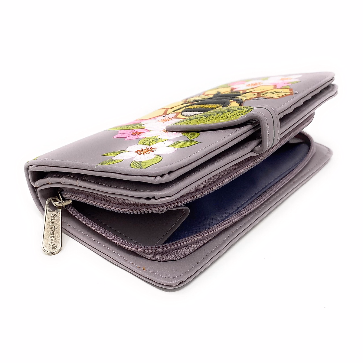 Shag Wear Bumblebee Tattoo Large Insect Wallet for Women and Teen Girls Vegan Faux Vegan Leather 7" Purple