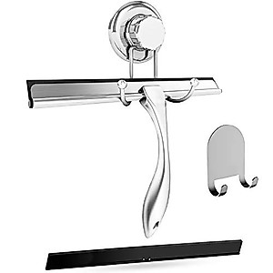 Bathroom Shower Squeegee Chrome Plated Stainless Steel with Matching Suction Cup Hook Holder, 3M Adhesive Mounting Disc, 3M Hook,1 Replacement Rubber Blade HASKO Accessories, 9.8-Inch