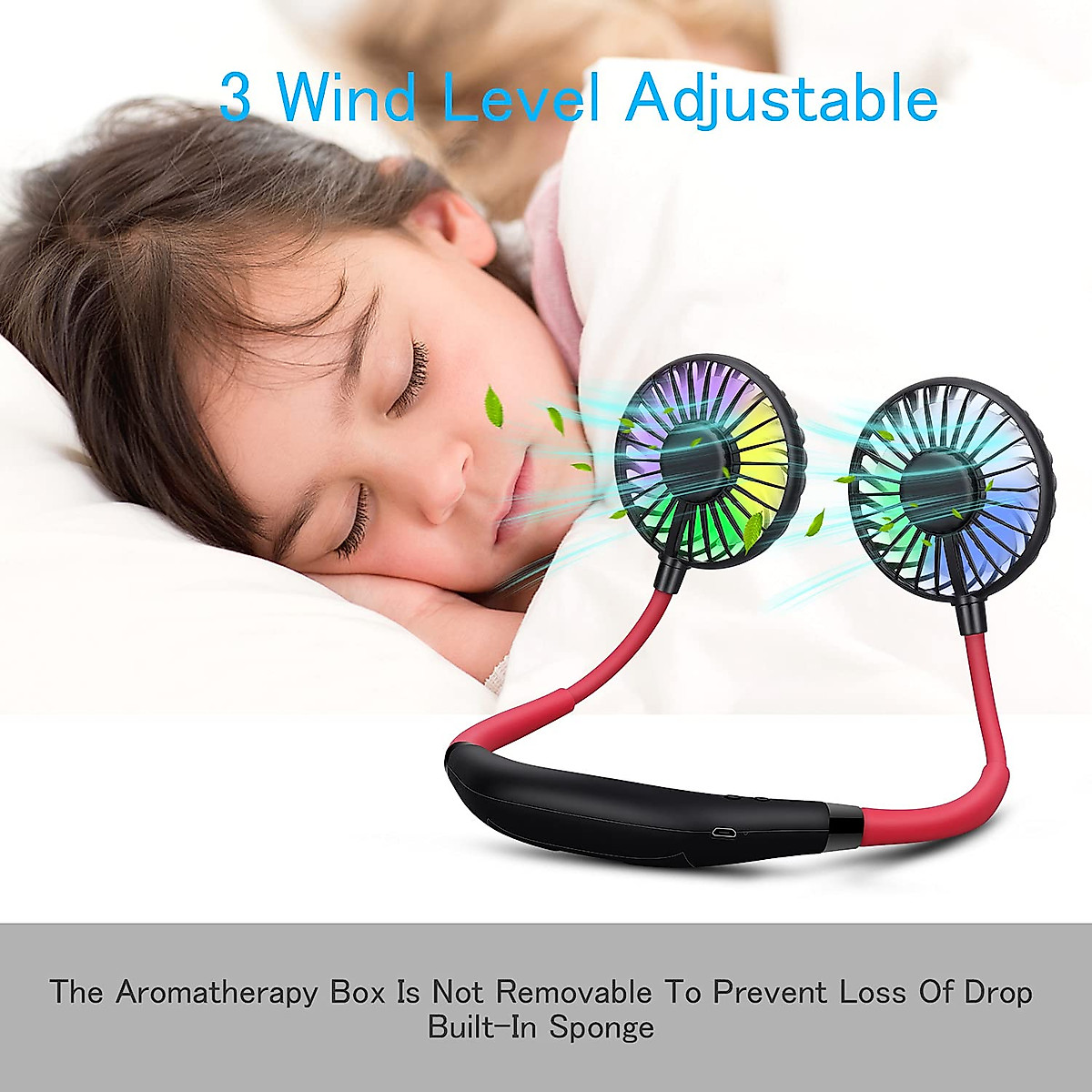 XINBAOHONG Neck Fan, Portable USB Rechargeable LED Fan Headphone Design Hand Free Personal Fan Wearable Cooler Fan with Dual Wind Head for Traveling Outdoor Office (Black)