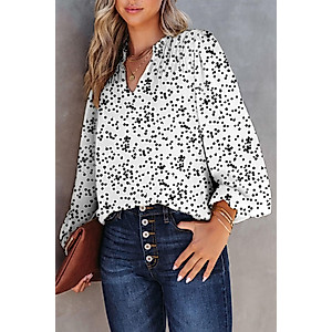 Dokotoo Womens Juniors Summer Tops 2025 Fashion Trendy Casual Dressy Fall Smocked Long Sleeve T Shirts Alicia Flower Print V Neck Business Work Tunic Bohemian Floral Top Medium White