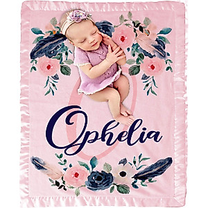 Personalize It Baby Blanket for Girls 30x40 in (Pink) Customized with Name Personalized Monogram for Newborns and Infant in Floral Girl Navy Indigo Blue and Pink with Satin Trim