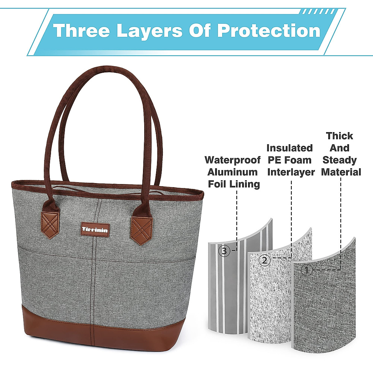 Tirrinia Large Insulated Lunch Tote Bag for Women, Cute Waterproof Leakproof Cooler Bag with Zipper for Work, Beach, Adult Shopping Grocery Bags for Frozen Food - Grey