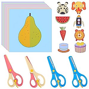 UCEC Toddler Scissors Kids Paper Cut 100 Sheets, 2PCS Plastic Safety Scissors + 2PCS Stainless Steel Preschool Training Scissors, DIY Art Craft Origami Paper Child Scissors for Kids Preschool Child