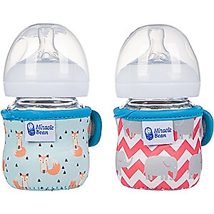 4oz (Set of 3 pcs) Miracle Bean Neoprene Baby Bottle Sleeves – Adjustable Sleeves. Glass Bottles – Improved Heat/Cold Retention – Moisture, Non-Slip Grip – Fox, Elephant and Heather Grey