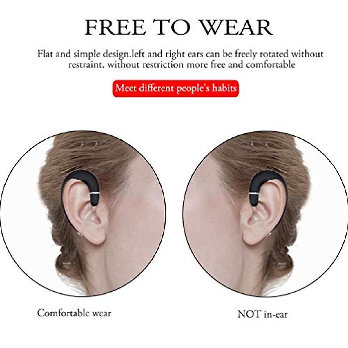 Sunffice Ear Hook Bluetooth Wireless Headphone,Non Ear Plug Headset with Microphone,Single Ear Noise Cancelling Earphones Painless Wearing for Android Smartphones,iPhone14 13 12 11 X 8 (Black)