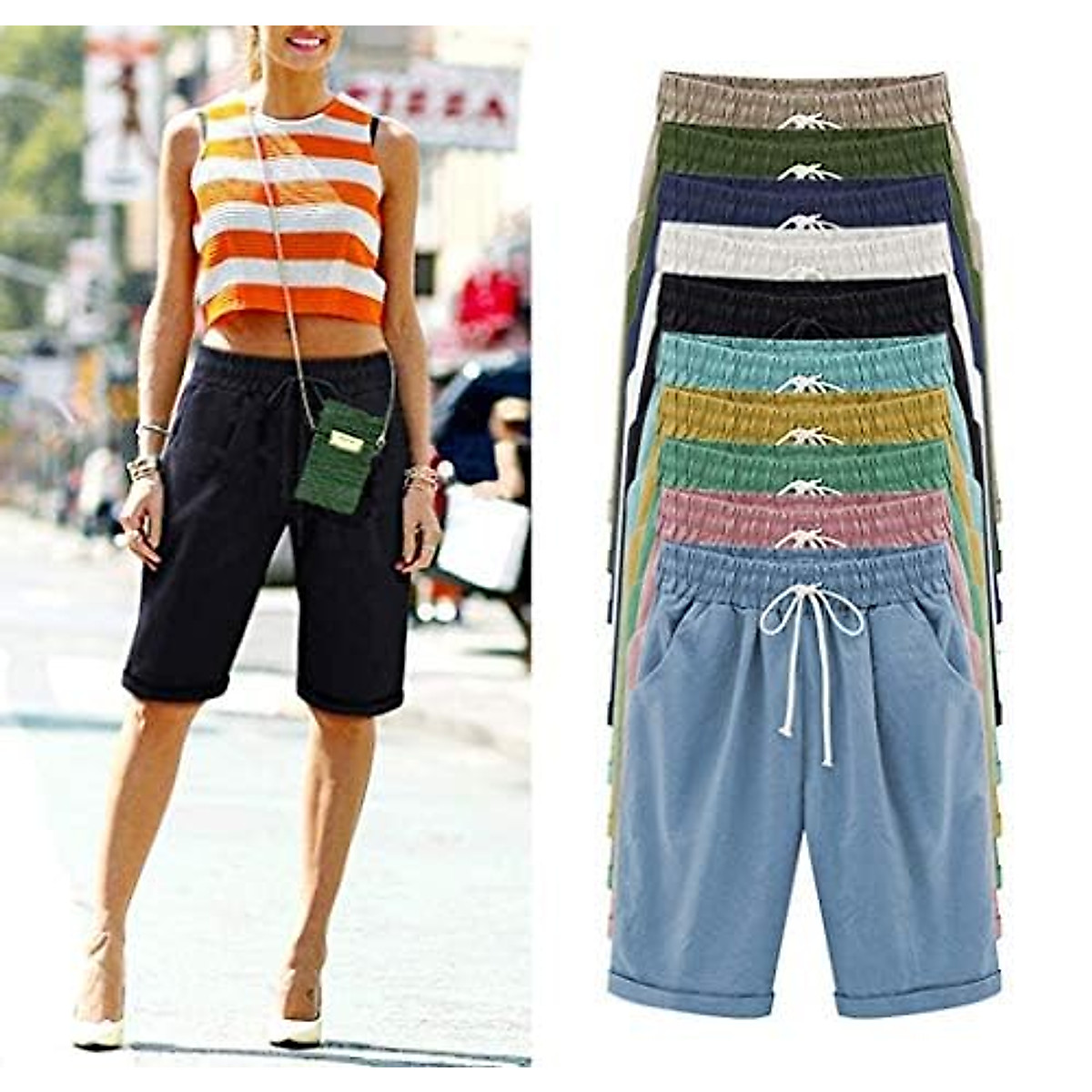 Vcansion Women's Drawstring Elastic Waist Shorts Plus Size Shorts Khaki Asian 6XL/US 16-18