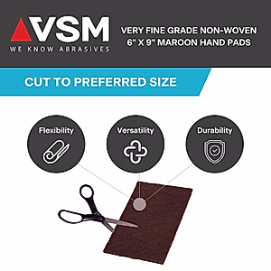 VSM 10-Pack: 6" x 9", Maroon - Very FIne, Non-Woven Hand Pad, Aluminum Oxide Grains, Rust and Oxidation Resistant, Multipurpose Abrasive Scrub Pad for Finishing and Cleaning