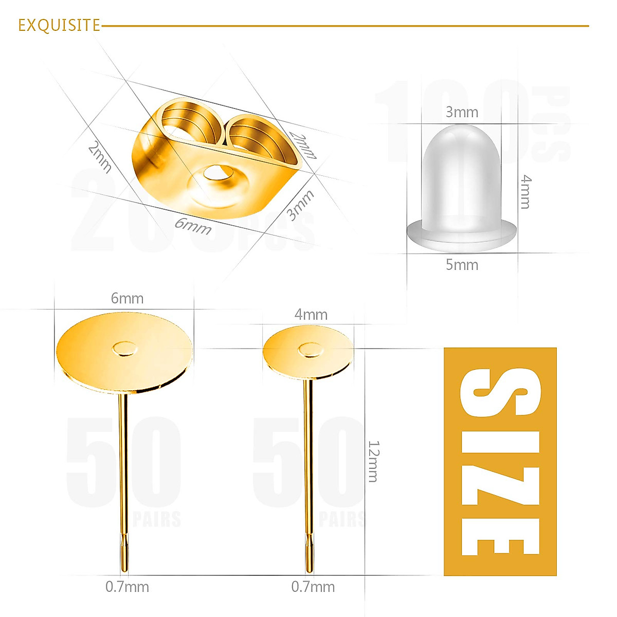 Gold Earring Posts and Backs, 500Pcs Hypoallergenic Earring Studs for Jewelry Making with Butterfly Earring Backs and Rubber Bullet Earring Backs (4mm, 6mm)