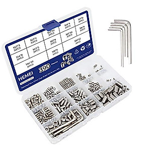HEMEI 390Pcs M3/M4/M5/M6/M8 Hex Allen Head Socket Set Screw Assortment Kit Internal Hex Drive Flat Point 304 Stainless Steel Metric Grub Screw with 5pcs Hex Wrenches