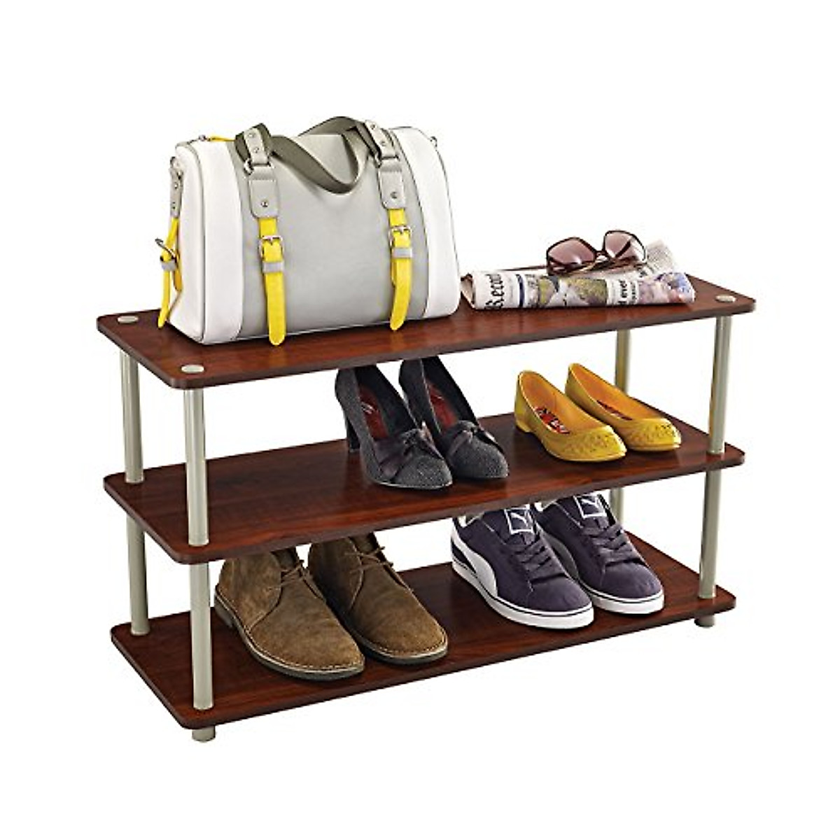 ClosetMaid 3-Tier Shelf Organizer Unit for Shoes, Accessories, Hats, Purses, Bags, in Entryway or Closet, Wood Shelves with Metal Frame, Cherry