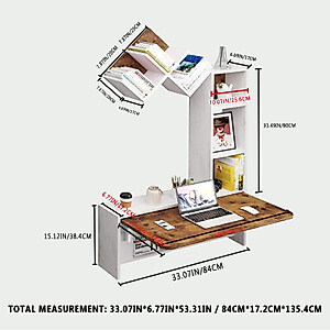 Bixiaomei 33'' Folding Wall Mounted Drop Leaf Table, Foldable Desk with Moveable Cabinets, Floating Laptop with Convertible Storage Shelves, Multifunctional Computer Workstation