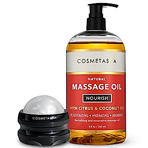 Natural Nourishing Massage Oil with Massage Roller Ball- Coconut & Citrus- Non Greasy, with Therapeutic Rejuvenating, Hydrating & Aromatic Essential Oils for Dry Skin, Soothes Muscles & Joints 8.8 oz