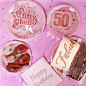 50th Birthday Decorations Women Rose Gold 50 Party Supplies Foil Fringe Curtains,Plates,Napkins,Tablecloth,Forks,Happy Birthday Banner,50th Sash,Cake&Cupcake Toppers,Latex&Foil Balloons