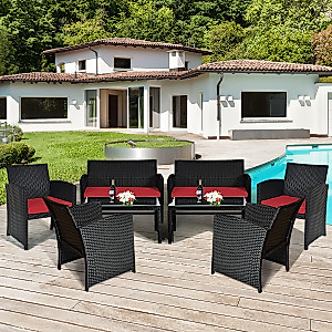 Tangkula Patio Wicker Conversation Furniture Set, Patiojoy Sofa & Table Set w/4 Seats, Outdoor Rattan Sofa Set for Balcony Backyard, Wicker Chair Set with Tempered Glass Coffee Table (1, Red)