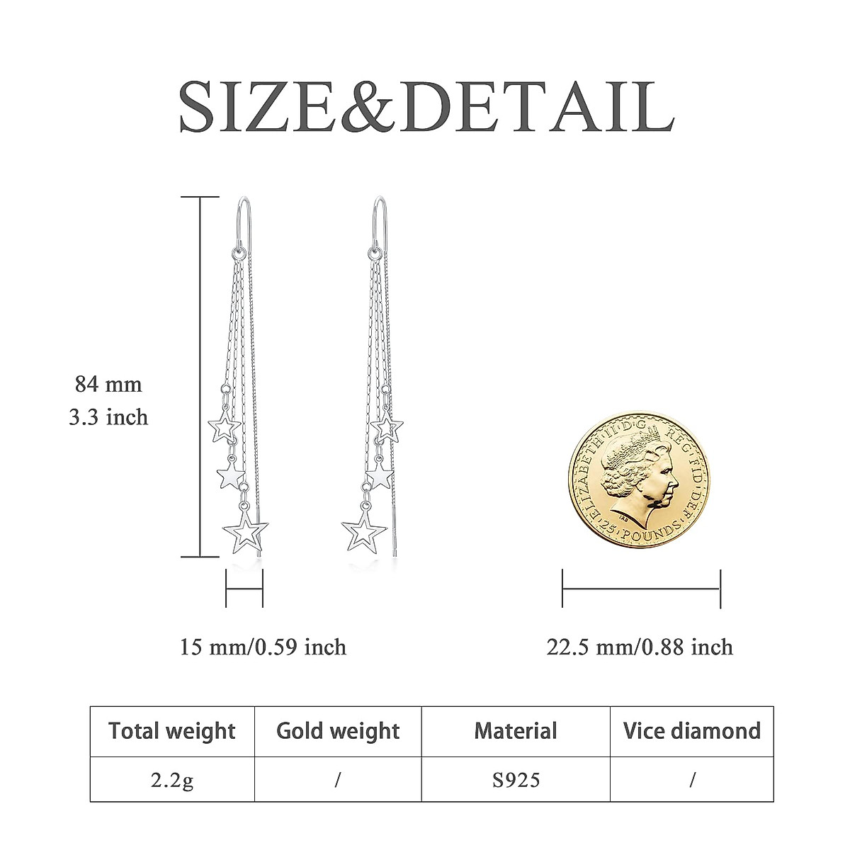 Star Threader Earrings Tassel Dangle Drop Long Chain Charm Earrings 925 Sterling Silver Jewelry Gifts for Women