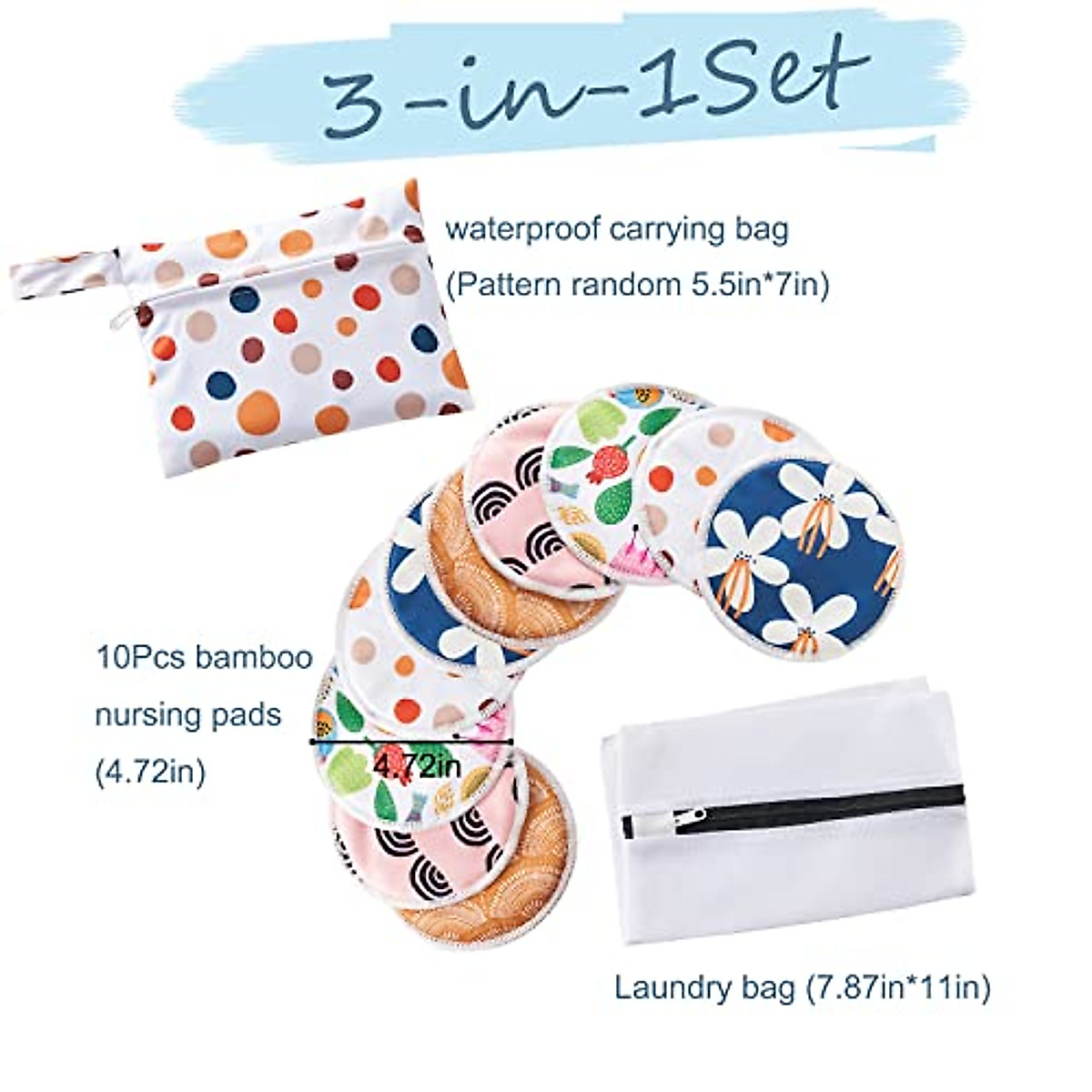 Organic Bamboo Nursing Pads for Breastfeeding - 10 Washable Pads + Wet Bag +Wash Bag, Super Absorbent Breast Pads Nipple Pads for Breastfeeding Reusable Breast Pads for Breastfeeding(Large 4.7")