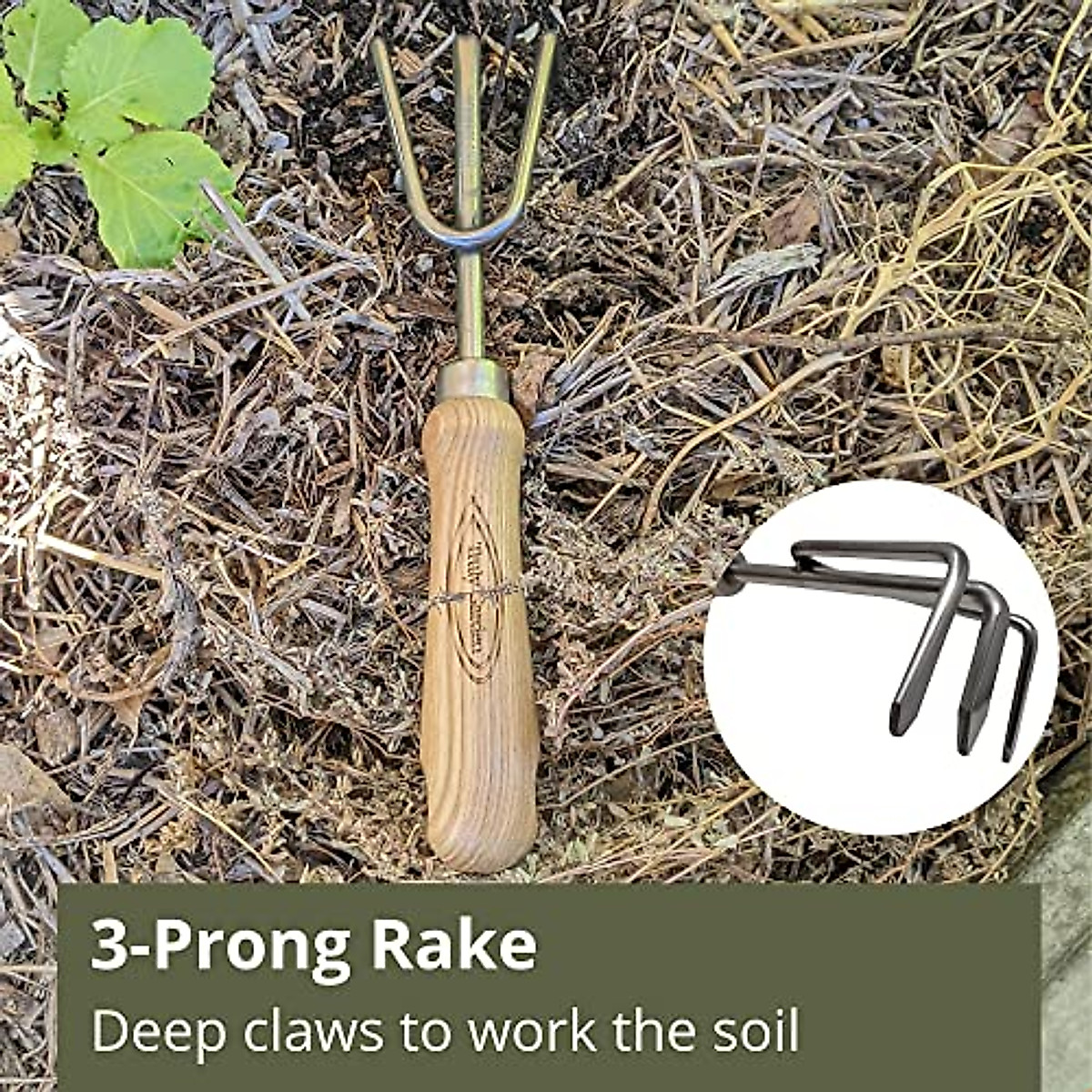 Classic 3 Piece Garden Hand Tool Set Made with Wooden Handle and Stainless Steel. Includes Large Trowel, Cultivator Hand rake, and Transplanter Trowel. Tools are Large and Heavy Duty. by Truly Garden