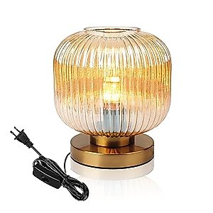 Auwieou Modern Table Lamps Gold Table lamp Amber Ribbed Glass Shade Desk lamp Bedside Table lamp nightstand lamp Small Table lamp for Bedroom Living Room Office end Table Side