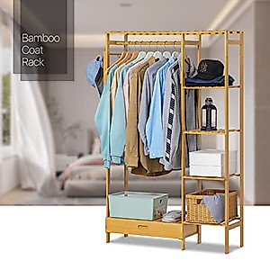 MoNiBloom Bamboo Clothing Rack 5 Tier Storage Shelves Garment Rack with Side Hooks & Pants Rack for Bedroom Living Room Office Mudroom, Natural