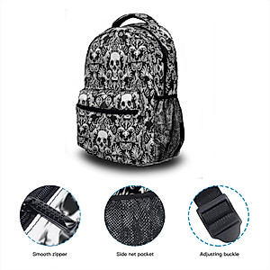 Black Skull Backpack Vintage Floral Casual School Bag Lightweight Zipper Laptop Bookbag Hiking Shoulder Daypack for Women Men