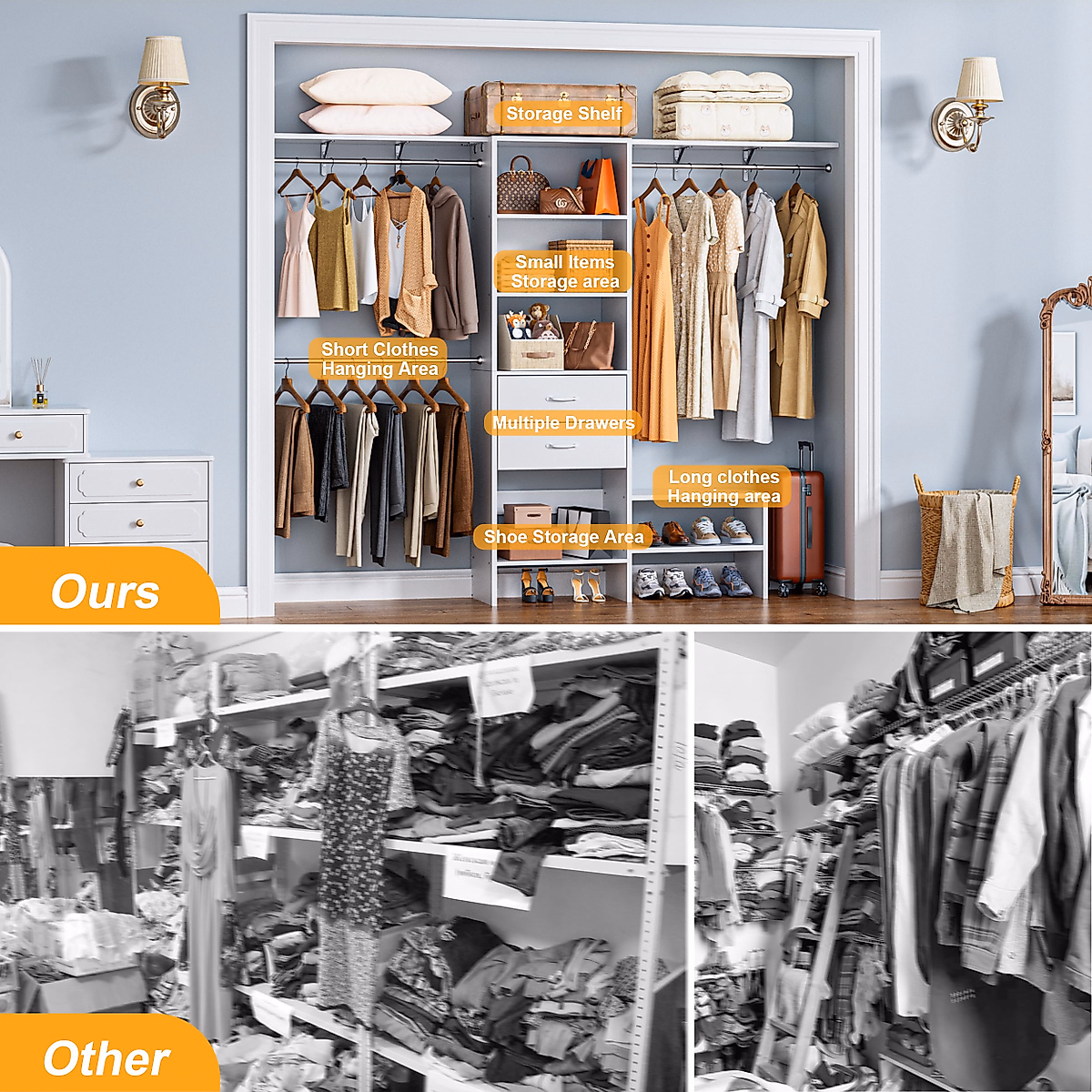 MJOMKN 8FT Closet System with Drawers, Walk-In Closet Organizer with 3 Adjustable Hanging Rods, Wood Closet Storage, Heavy Duty Clothes Rack, 96" L x 16" W x 75" H, Adjustable Wardrobe Rack, White