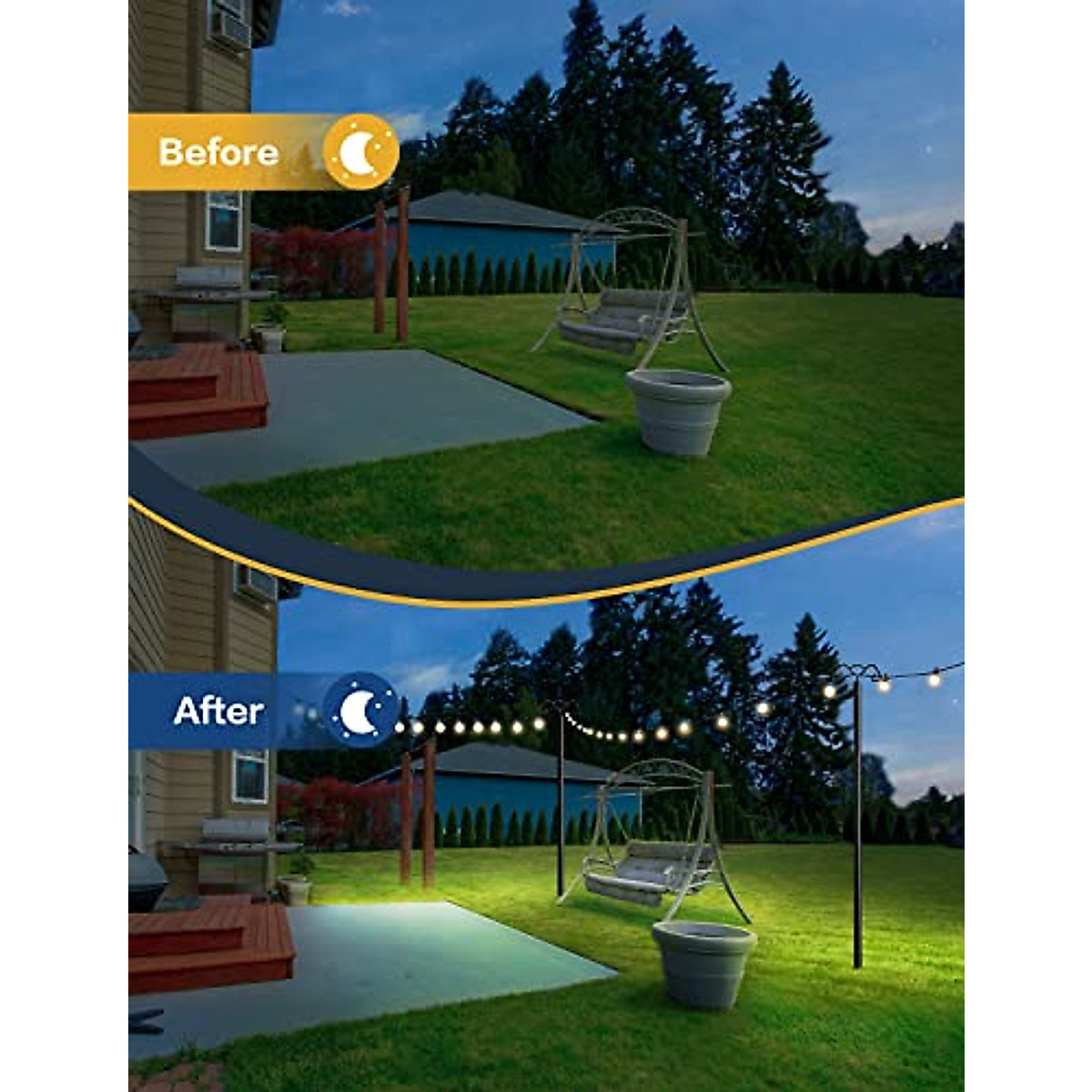 Karjoefar String Light Poles for Outside, 9FT Metal Poles for Outdoor String Lights, Patio Light Pole with 7-Prong and 2 Hooks for Backyard Garden Bistro Deck Party Holiday - 2Pack