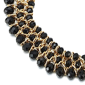 COOLSTEELANDBEYOND Statement Necklace Black Faceted Crystal Beads String Gold Braided Chain Pendant
