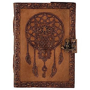 Leather Journal 7 x 5 Inch 220 Page Journal, Vintage Owl Embossed Blank Book, Sketchbook, Notebook Leather Journal (Handmade Unlined Paper) - Pocket style with Lock Closure for Men and Women (Vintage Tan - Plain Paper) (7 x 5 Inch, TC Leather)