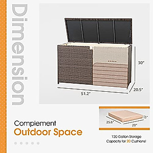 Patiorama Outdoor Wicker Storage Box, Garden Deck Bin with Aluminum Frame, Patio Cushion Storage, Brown Wicker Rattan Pool Storage Box, Water-Resistant Liner, 120 Gallon