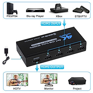 4K HDMI Switch 4x1, 4K@60Hz 4 in 1 Out HDMI Switcher Selector with IR Remote Control, Supports HDCP 2.2 4K@60Hz UltraHD HDR10 3D HD1080P Dolby DST, HDMI Splitter for PS4 Xbox Apple TV Fire Stick