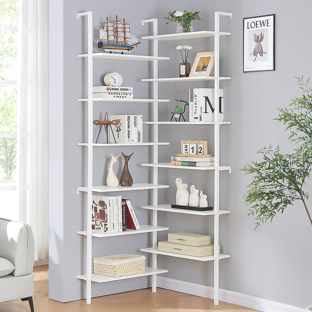 HOMISSUE Corner Bookshelf,12-Tier L Shaped Bookshelf, Double Wide Corner Wall Mount Bookcase with Metal Frame and Wood,Modern Industrial Corner Shelf for Living Room, Kitchen, Home Office White