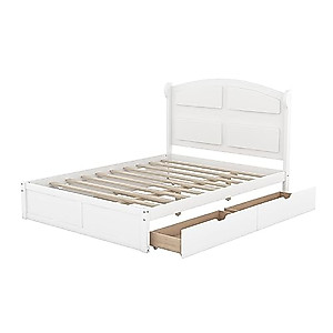 BOVZA Queen Size Platform Bed Frame with Headboard, Twin Size Trundle and 2 Drawers, White