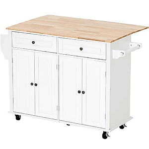 Kitchen Island Cart with Drop Leaf, Rolling Mobile Kitchen Island Table on Wheels with Storage Cabinet, Drawer, Spice/Towel Rack, White