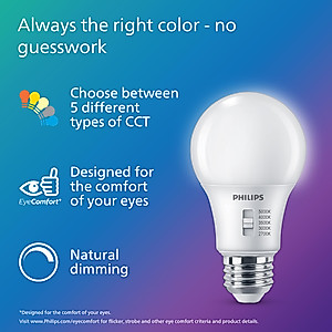 Philips LED A19 Selectable White Dimmable LED Light Bulbs - Flicker Free 60w Light Bulbs with EyeComfort Technology - Soft White 6500K Lightbulb - 1500 Lumen - E26 Base - 4 Pack
