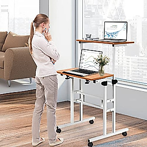 COSTWAY Mobile Standing Desk, Height Adjustable Rolling Laptop Cart w/Tilting Desktop for Standing or Sitting, Lockable Casters, Home Office Computer Workstation for Small Spaces (Walnut)