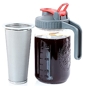 Cold Brew Coffee Maker Mason Jar Wide Mouth Iced Coffee Pitcher 32 Oz coffee container With Stainless Steel Coffee Filter For Iced Brew Coffee, Sun Tea, Lemonade, Iced Tea and homemade drinks