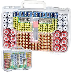 Battery Organizer Storage Holder Case with Double-Sided, Garage Box with Tester Checker. Batteries Container for 269pcs AA AAA AAAA 3A 4A 9V C D Lithium 4LR44 CR2 CR123A CR1632 CR2032 18650 - White