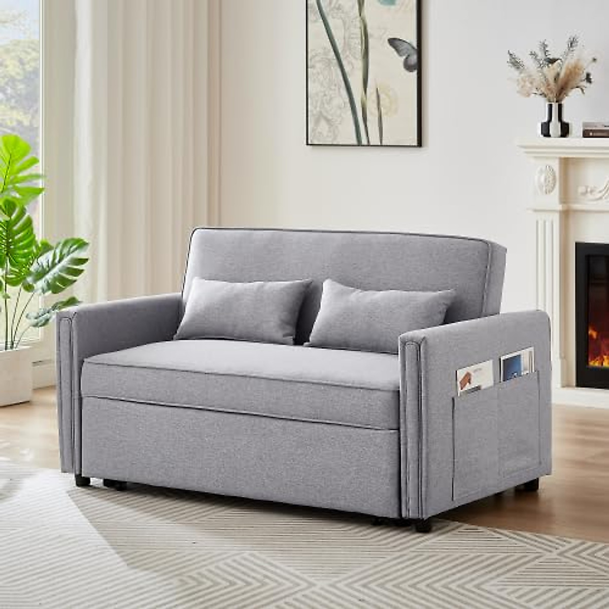 akucvor 54" Sleeper Sofa Bed, Convertible 3 in 1 Loveseats Sofa Bed with Lumbar Pillows, Multi-Function Linen Pull Out Sofa Bed with Adjustable Backrest for Living Room Bedroom, Gray
